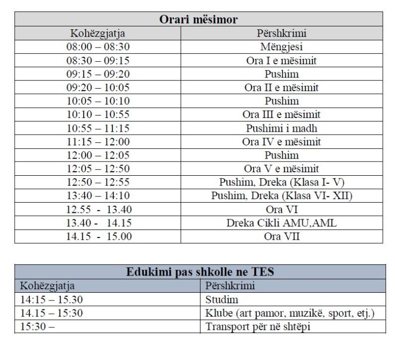 Orari i shkollës – TES